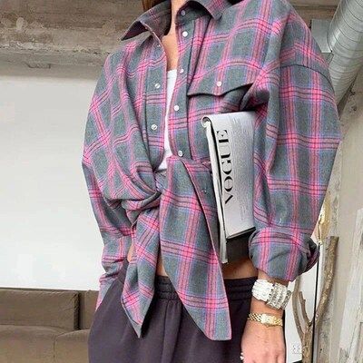 New Vintage Women Oversized Long Sleeve Plaid Shirt Blouse o