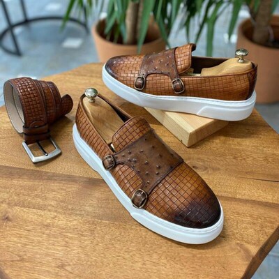 New Brown Mens Vulcanize Shoes Double Buckle Monk Shoes Bla