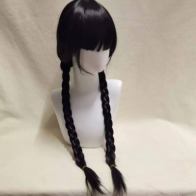 Rabu Addams Wig Cosplay, rambut palsu sintetis kepang hitam