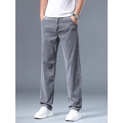 Summer Thin Mens Loose Straight Jeans Lyocell Soft Drape Bu