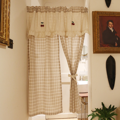 鸢尾乡旅格子棉麻带帘头风帘隔断帘屏风窗帘半帘小帘卫生间门入户