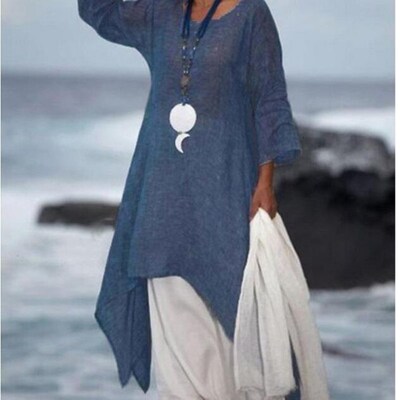 Women Irregular Leisure Loose Fitting Linen Shirt Tunic