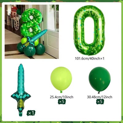 40 inch green Number Pixel Miner Balloon Set Diamond Sword A