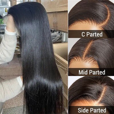 Front Lace Black Mid-part Long Straight Hair Wigs, Chemical