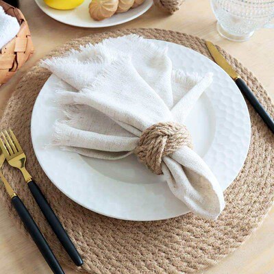 6 Nautical Napkin Rings Linen Rope 亚麻草环编西餐厅餐巾扣