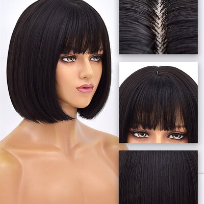 Short Bob Wig With Bangs Synthetic Wigs For Women Ombre Blac