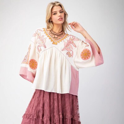 25 Womens V-neck Embroidered Stitching Horn Sleeve Top ntra