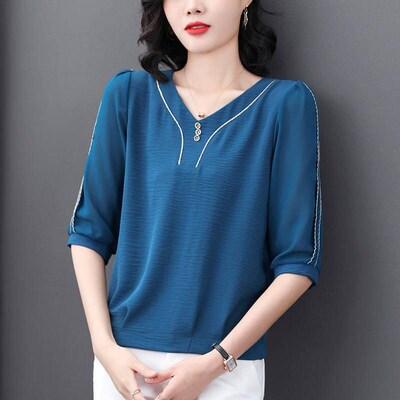 Womens Southeast Asia Tops Three-quarter Sleeve Chiffon Shi