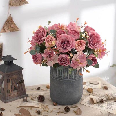 Artificial Flowers Retro Silk Rose Bouquet Hydrangea Peony V