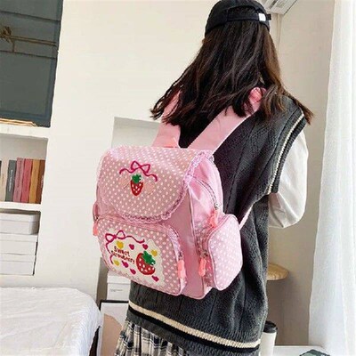 Kawaii Kids School Bag Cute Strawberry Embroidery Dots