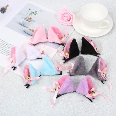 2pcs Cat Ears Witho Bell Hair Clip Fox Long Fur Hairpins Hea