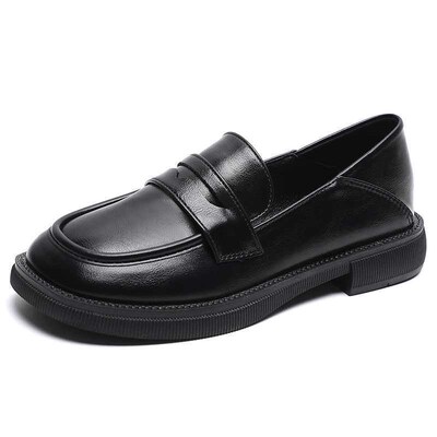 Black British Leather Shoes Womens Chunky Heel Spring and A