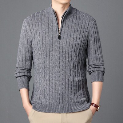 Mens Knitted Sweater Solid Color Twist Sweater Half Turtlen