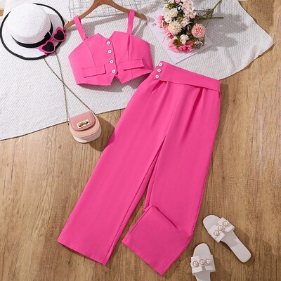 Summer Fashion TwoPiece Set for Girls Strappy Crop Top HighW