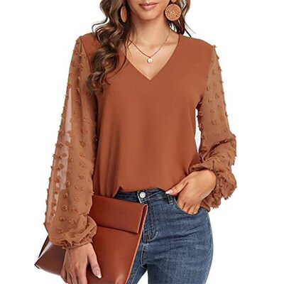 Solid Women Blouse 2022 Spring Fashion V Neck Long Sleeve El