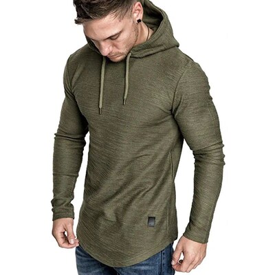 New Mens Solid Color Curved Hem Drawstring Sweatshirt Fashi