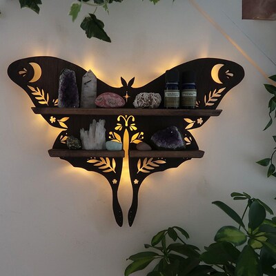 Luna Moth Lamp Crystal Shelf Oil Storage Rack Butterfly Wood