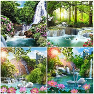 HUACAN DIY Diamond Painting Waterfall Mosaic Landscape 5D Di