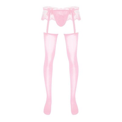 Men Sissy Sheer Lace Skirted Pantyhose Bulge Pouch G-String