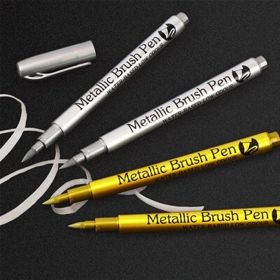 2pcs Brush Metallic Marker Pens Gold Silver Color Permanent