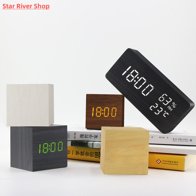 Alarm Clock LED Wooden Watch Table Voice Control Digital Woo