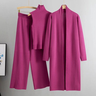 Spring Autumn 3 Piece Women Cardigan Tracksuits Fashion Knit