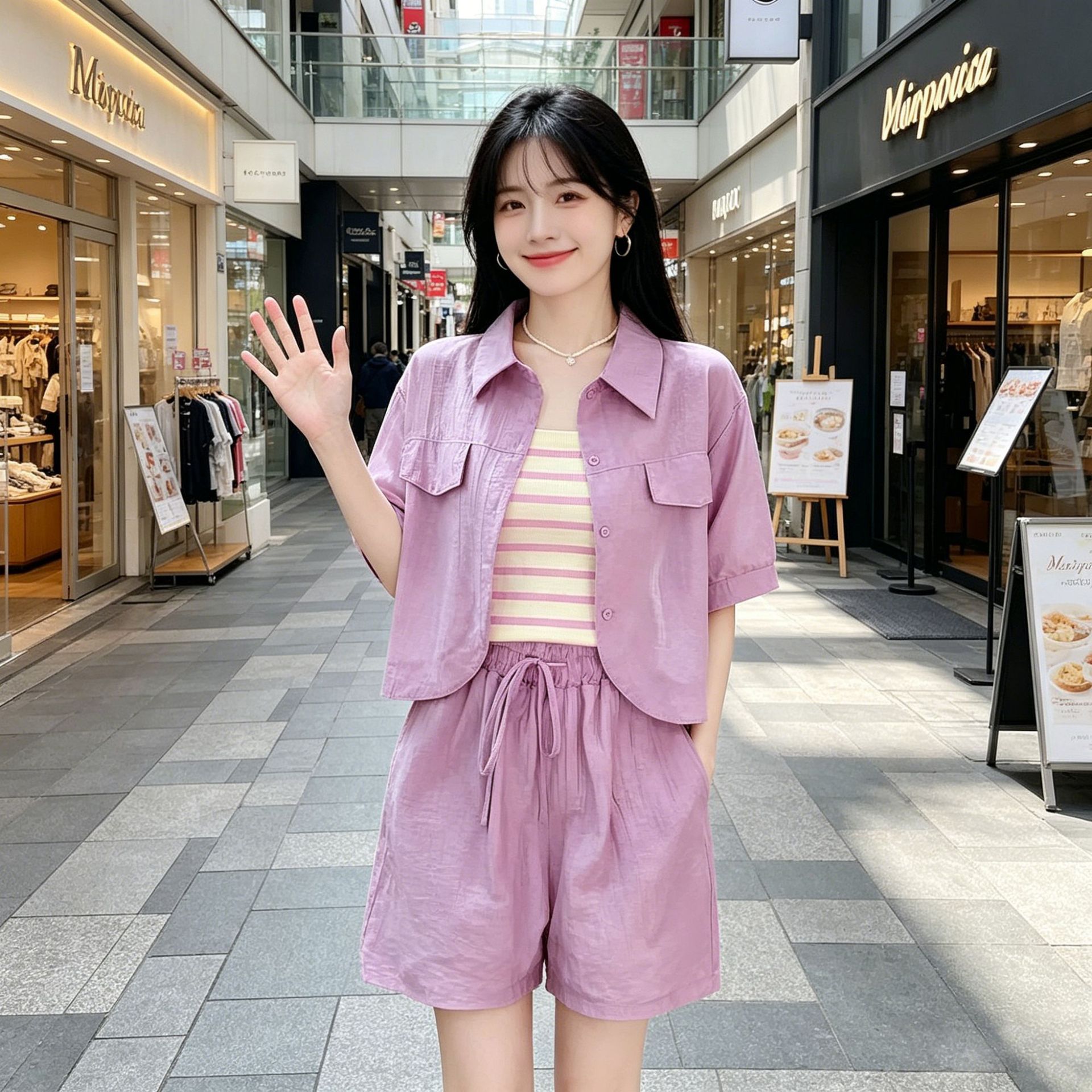 夏装搭配一整套甜妹新款网红炸街小个子衬衫背心短裤三件套装