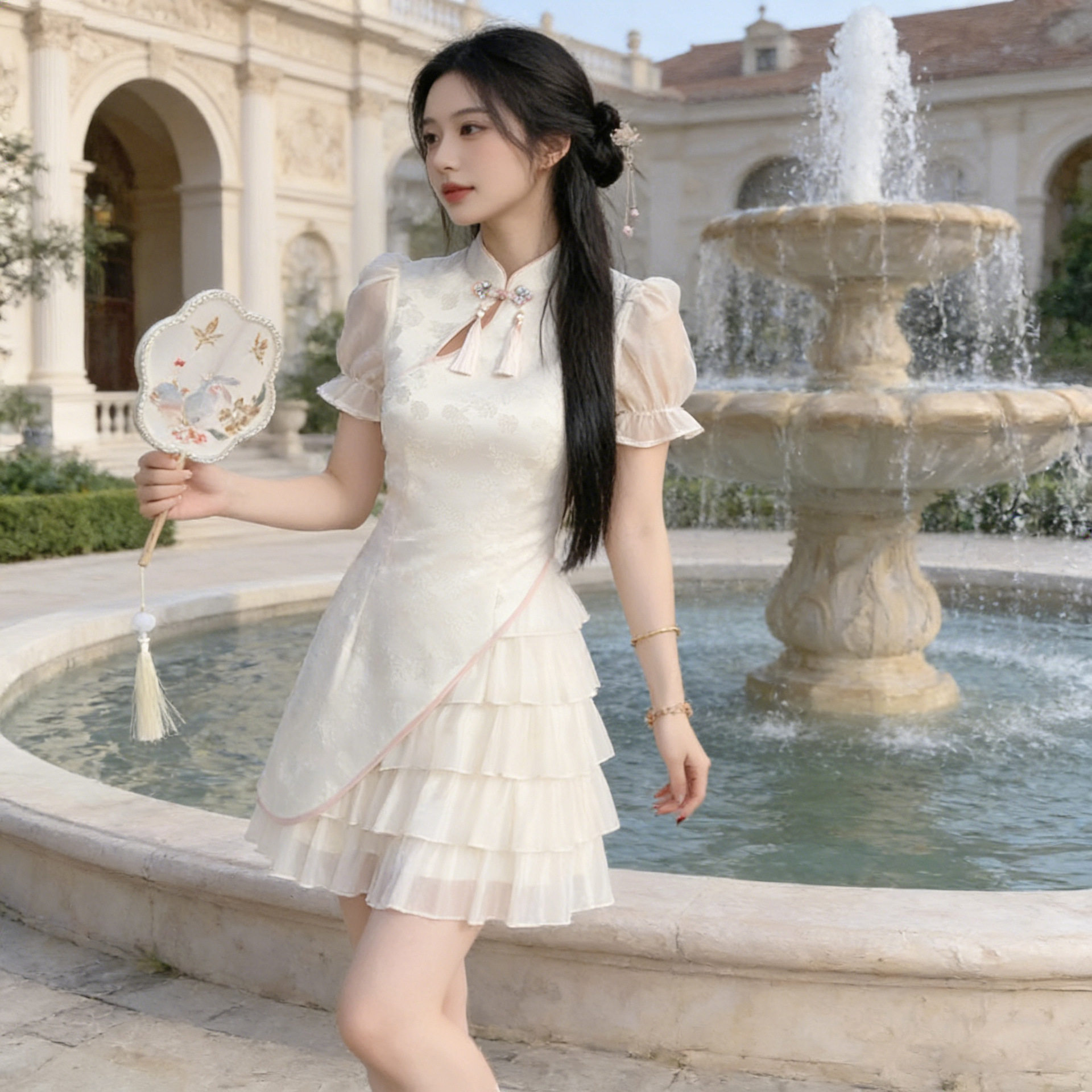 高品质加内里新中式甜美蝴蝶结温柔风古典气质优雅短款旗袍连衣裙