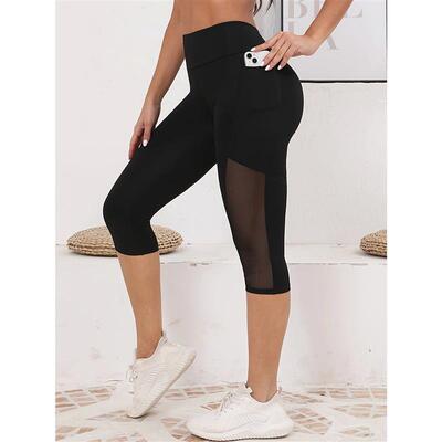 Womens+Mesh+Splicing+With+Pockets+High+Waist+Yoga+Pants+Cap