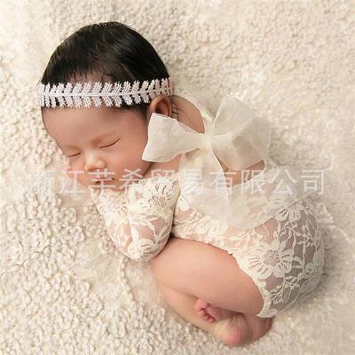 Newborn Wheat Hair Lace Bow Jumpsuit Two-piece Baby Girl Pho