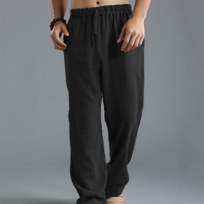 Plus Size Men Cotton Linen Long Pants Elastic Waist Loose St
