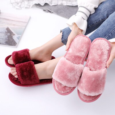 Open Furry Girls Indoor Home Wooden Floor Warm Cotton Slippe
