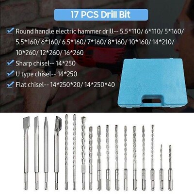 17PCS Electric Rotary Hammer Drill Bits and Chisels Kit