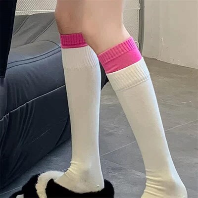 Womens Patchwork Knee Socks Double Layer Over-The-Knee Stoc
