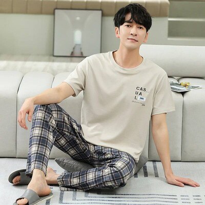 Mens Home Clothes Summer Striped Cotton Sleepwear Lounge Se