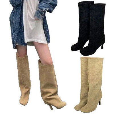 Women Knee High Boots Suede Long Booties Square Toe Square