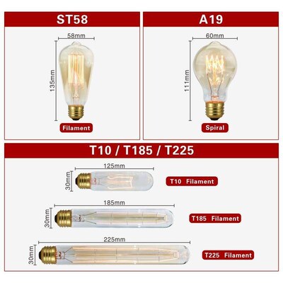 Retro Edison Bulb E27 220V 40W Light Bulb A60 ST58 ST64 T10