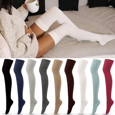 Instime 1 Pair Solid Color Thigh High Stockings Cotton Leg W
