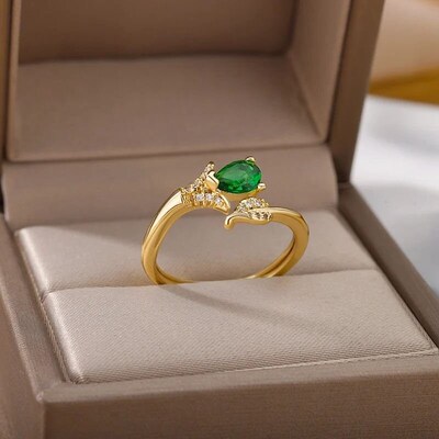 Zircon Green Geometric Ring For Women Stainless Steel Adjust