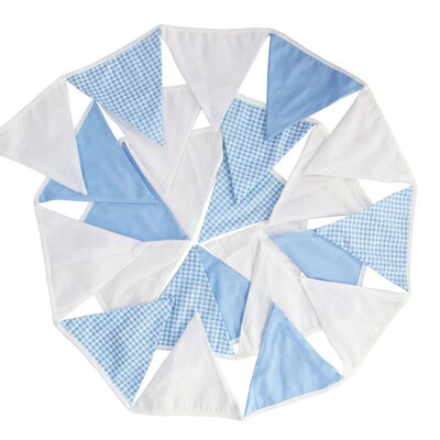 5.1M Pink Blue White Cotton Fabric Bunting 24 Pennant Flags