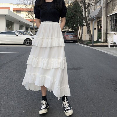 HOUZHOU Black Long Skirts Women Gothic High Low Ruched Ruffl