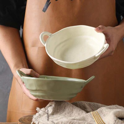 Ins Nordic Double Ear Bowl Simple Color Glaze Hand Kneading