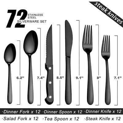 72-Pcs Black Silverware Sets, Flatware Set with Steak Knives