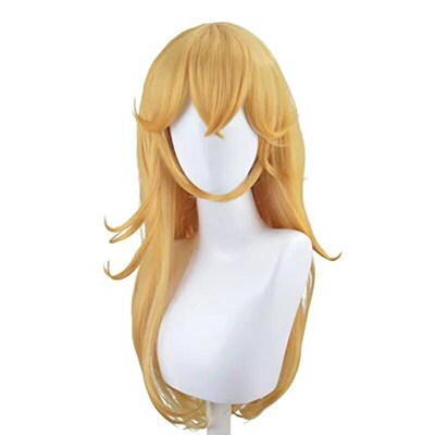 Wig persik, Wig putri emas dengan poni, mahkota persik, Wig