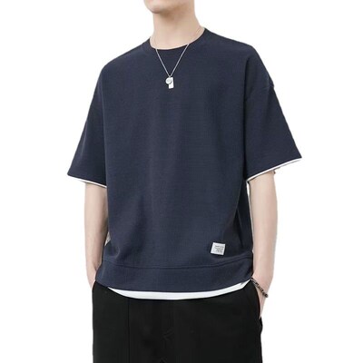 Waffles Casual Suit Mens Summer Ice Silk Short-sleeve T-shi