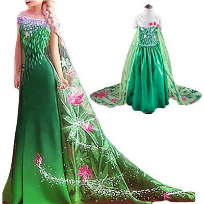 4-10 Years Children Green Princess Anna Elsa Cosplay Fancy D