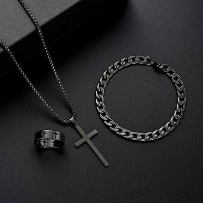 3pcs Set Mens Stainless Steel Metal Cross Pendant Chain Nec