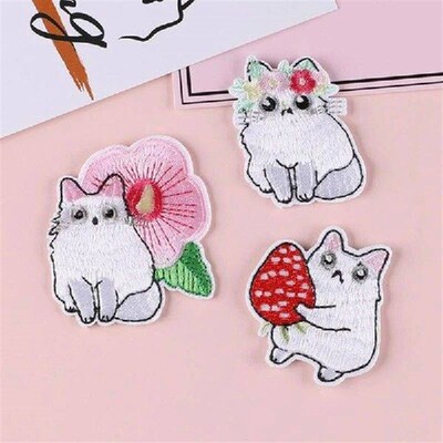 G8DA 12 Pcs Sewing Patches White Cats Embroidered Patches