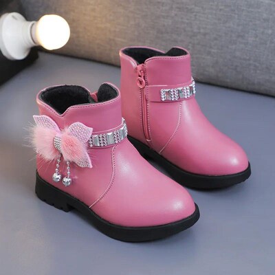 Childrens Shoes Girl Mid Length Warm Leather Boots Baby Bow
