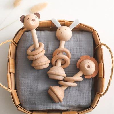 Wooden Animal Rattle Toys for born Wooden Teether Baby 0 12